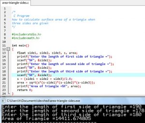 Compute area of Triangle Input Three Sides - EasyCodeBook.com