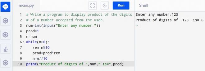 Python Program Digits Product - EasyCodeBook.com